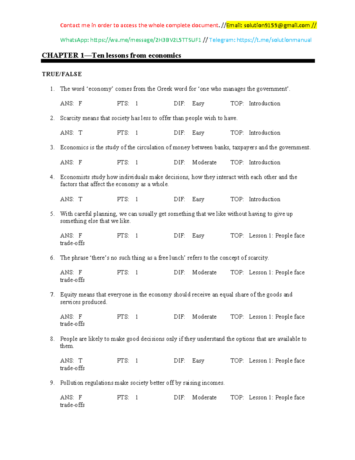 Test Bank for Principles of Economics 6th Ed. by Mankiw: Chapter ...