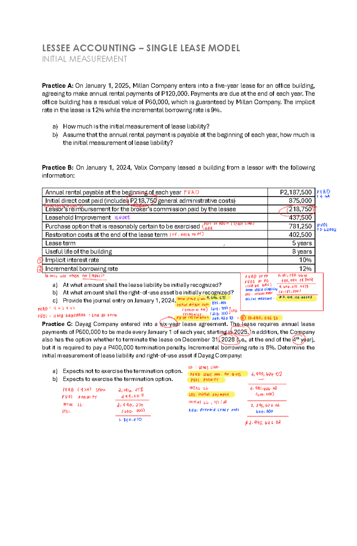 Lessee Accounting - Finance Lease Initial Measurement (Practice A-C ...