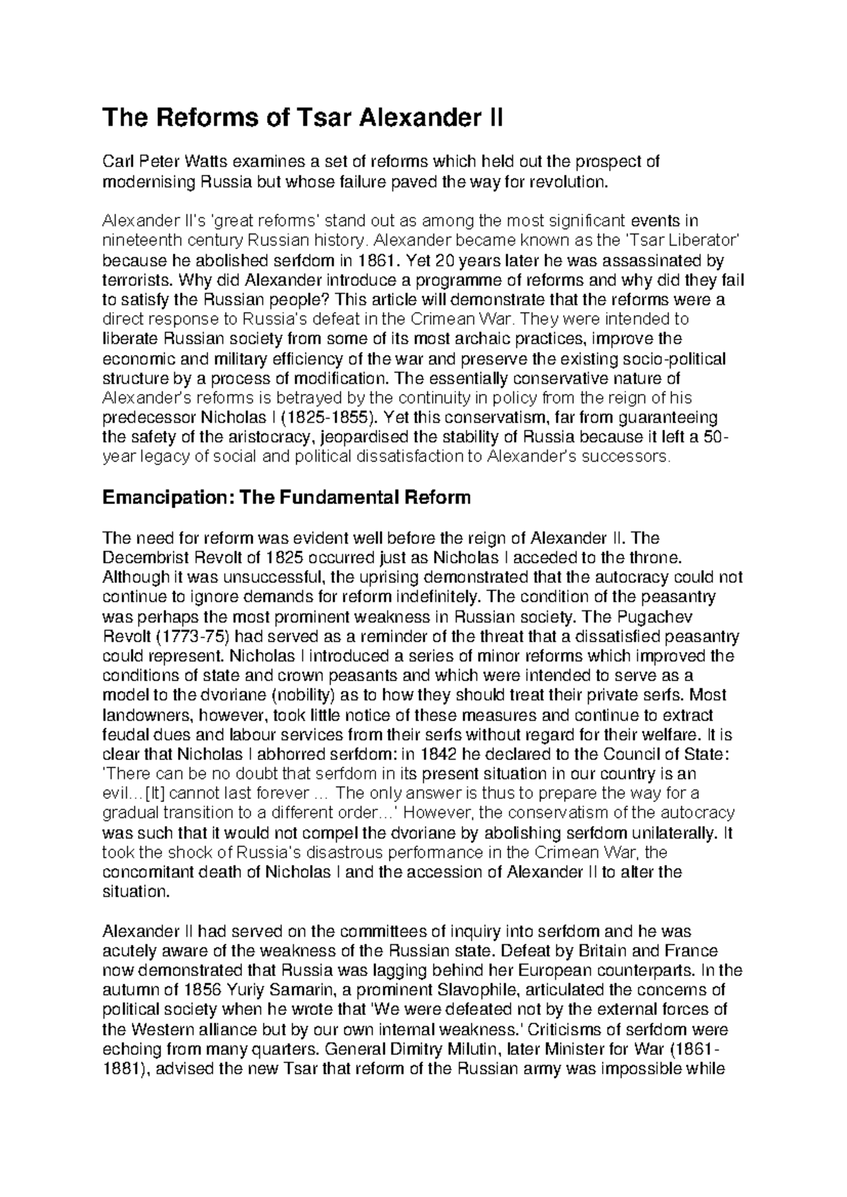 Reforms of Tsar Alexander II: An Analysis of Causes and Consequences ...