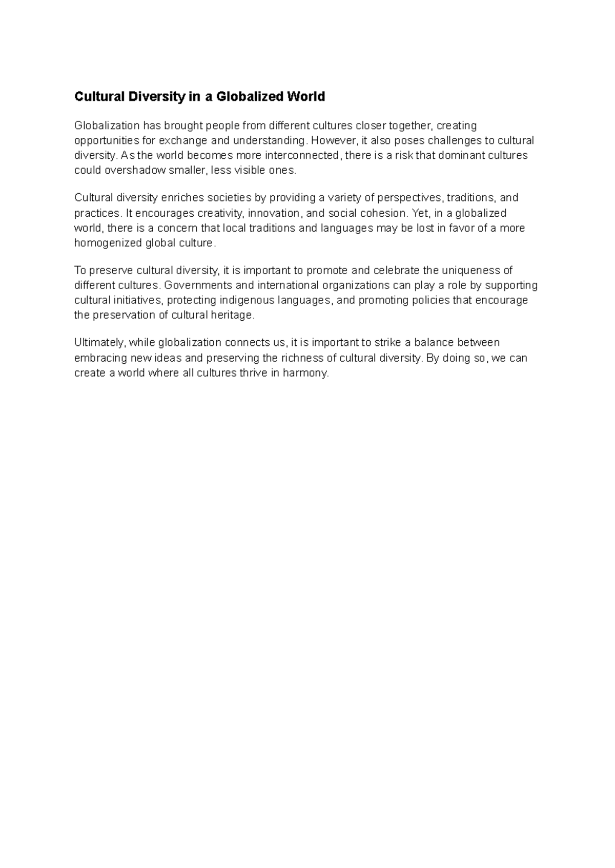 Essay 7 - Cultural Diversity in a Globalized World Globalization has ...