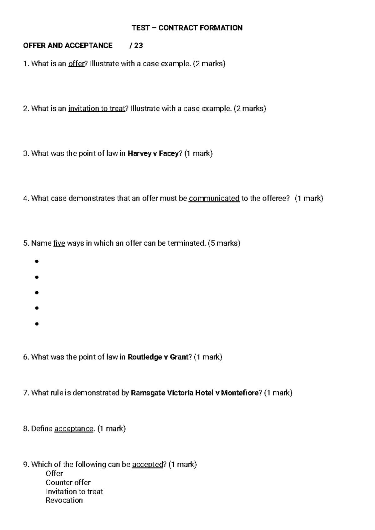 Contract Formation Test 2022 - TEST – CONTRACT FORMATION OFFER AND ...