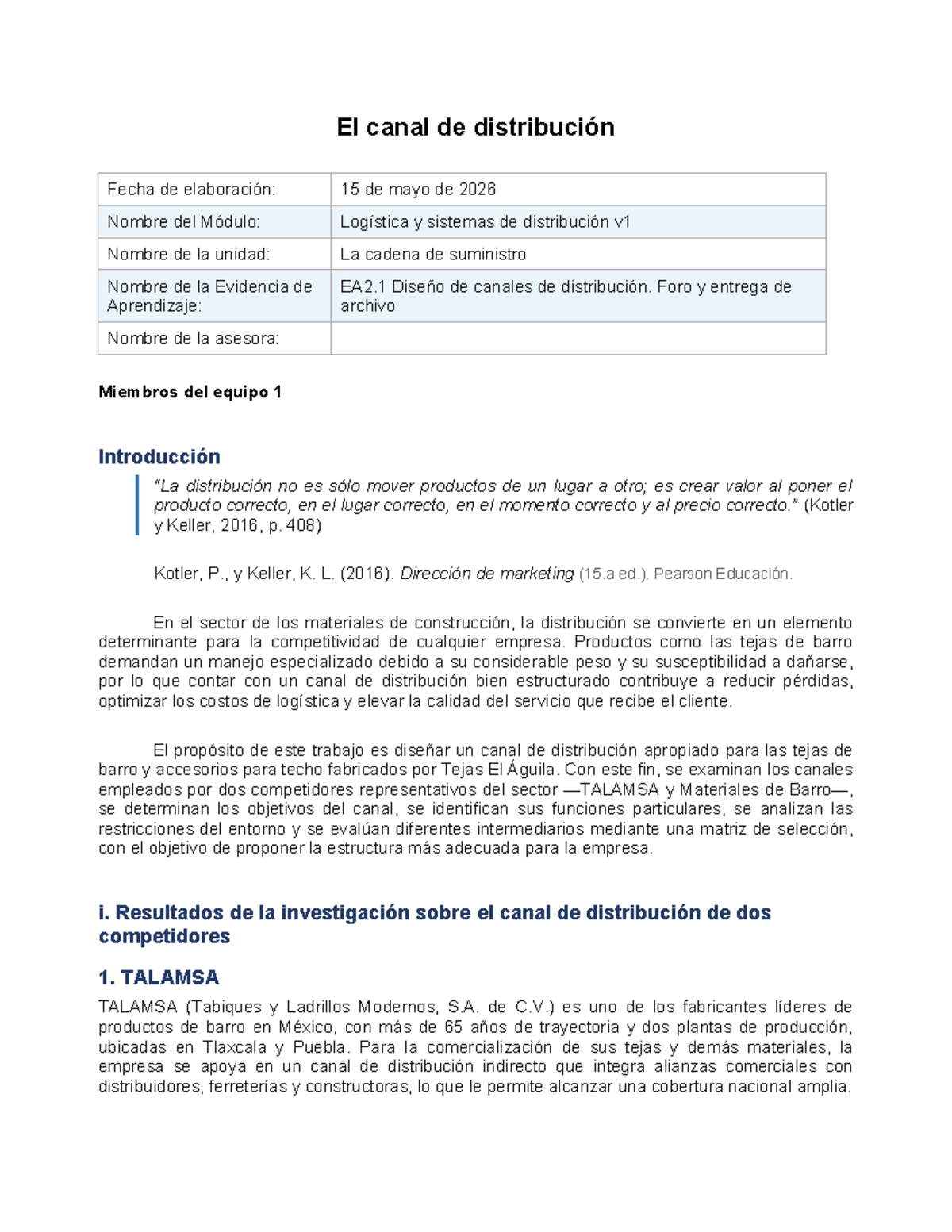 EA2 Canales de Distribución: Diseño y Análisis para Tejas El Águila ...