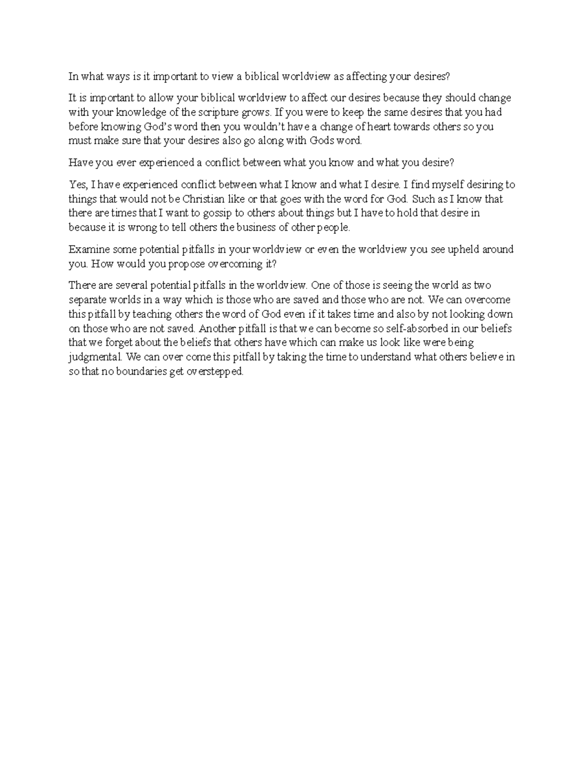 DB Worship: Understanding Biblical Worldview & Personal Desires - Studocu