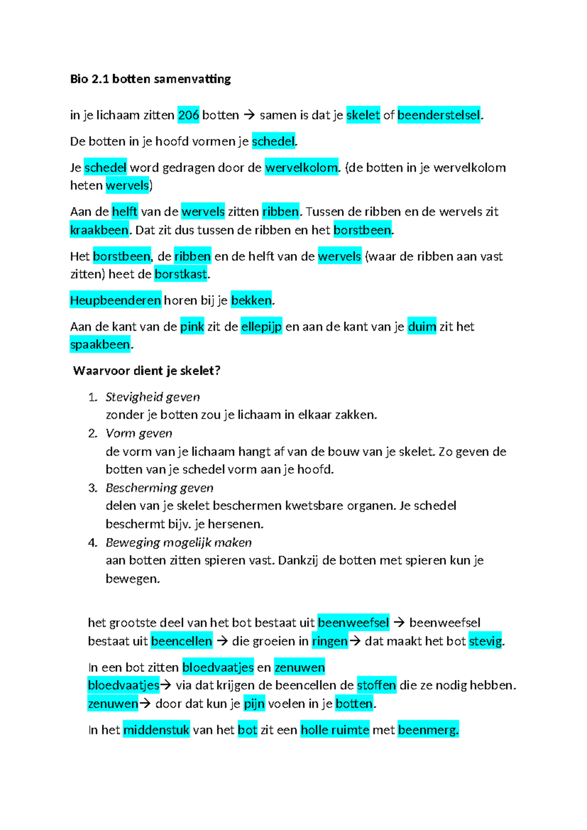 Samenvatting Bio 2: Functies en Structuur van het Skelet - Studeersnel