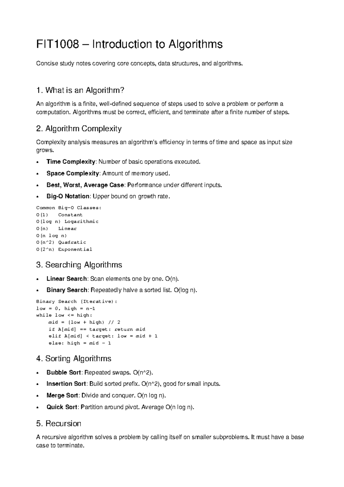 FIT1008 Introduction to Algorithms: Key Concepts & Notes - Studocu