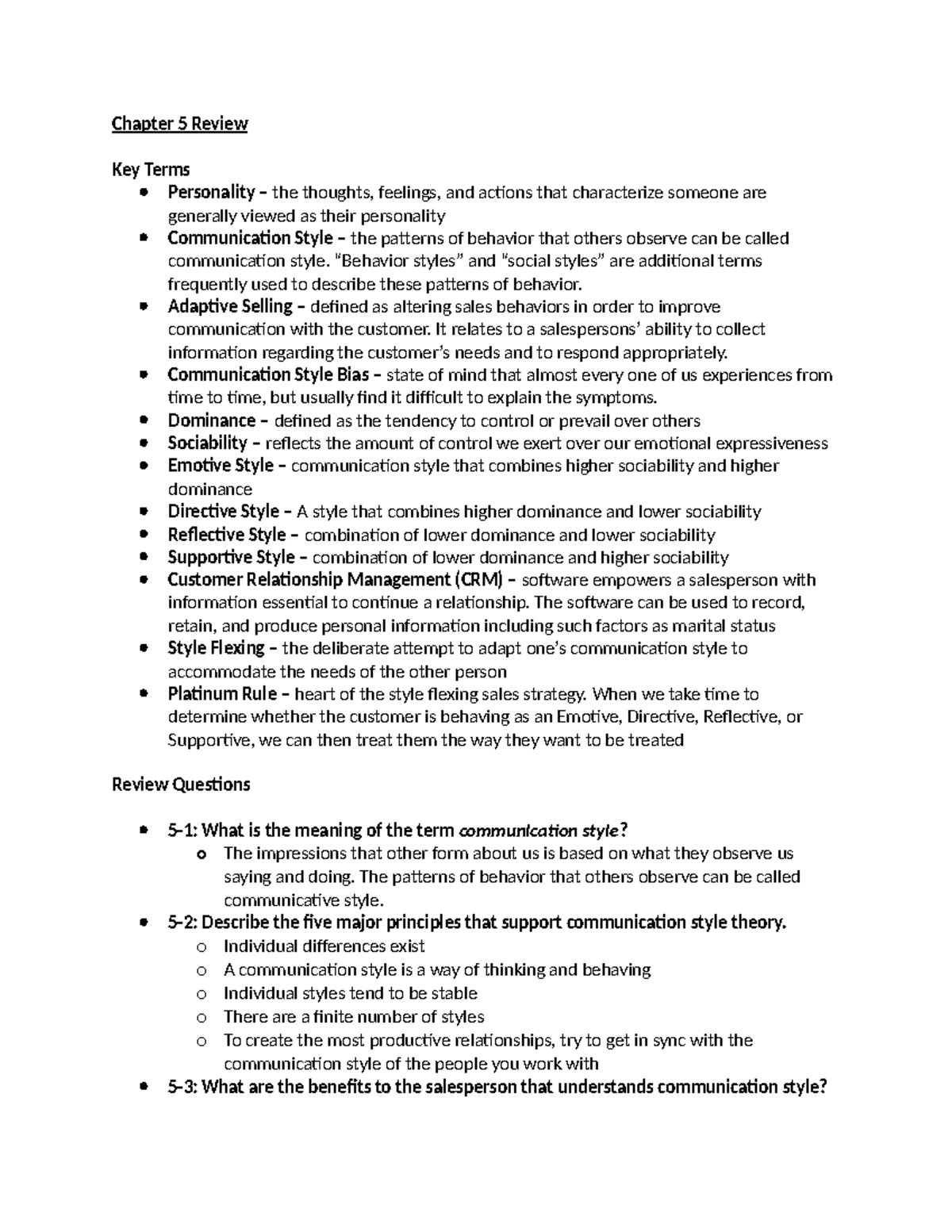 Chapter 5 Review: Key Terms in Personality & Communication Styles - Studocu
