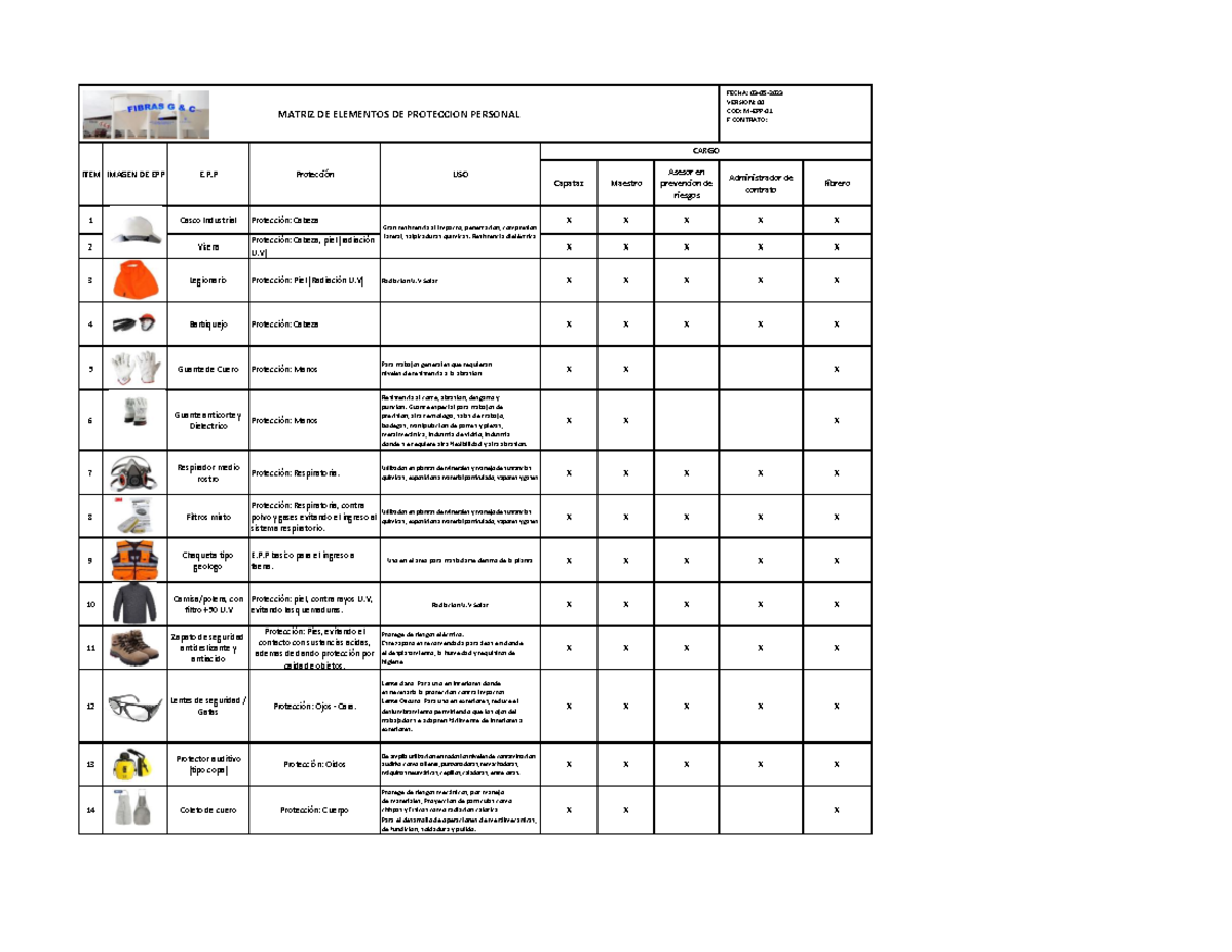Matriz de EPP - Formatos y Detalles de Protección Personal - Studocu