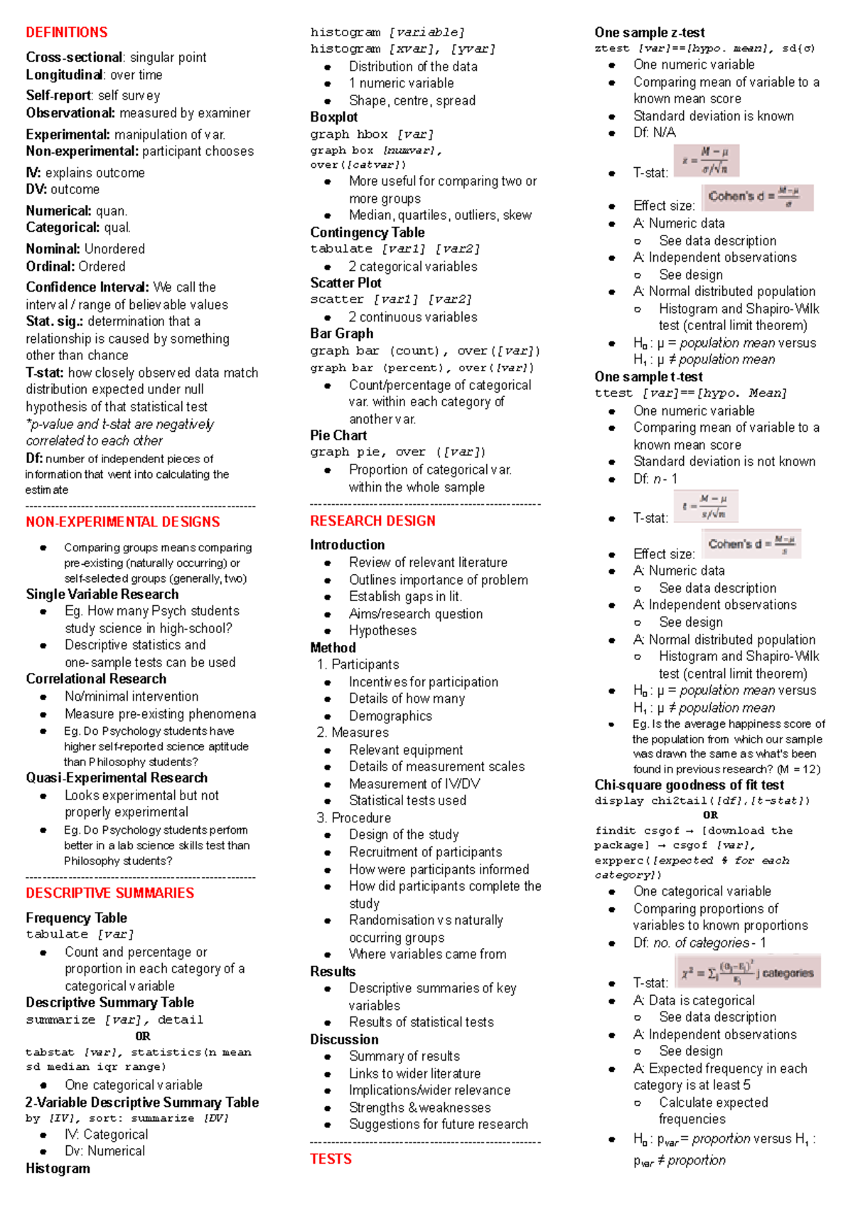 1st Year Psych Stats Cheat Sheet - DEFINITIONS Cross-sectional ...