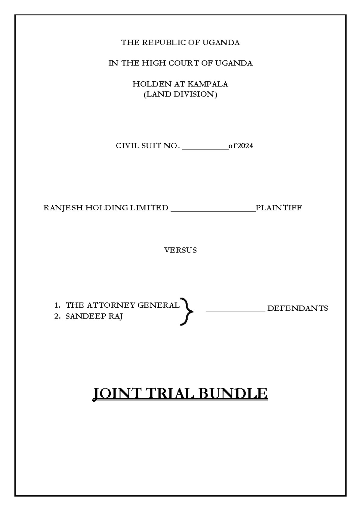 Joint Trial Bundle for Civil Suit No. _________ of 2024 - Studocu
