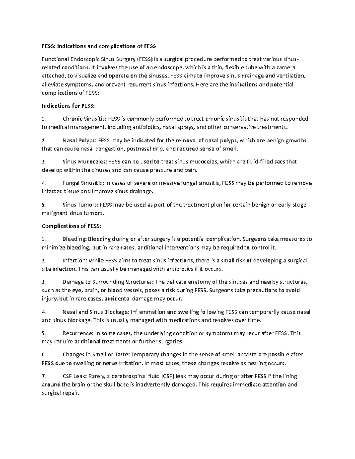FESS Indications & Complications: A Comprehensive Overview - Studocu
