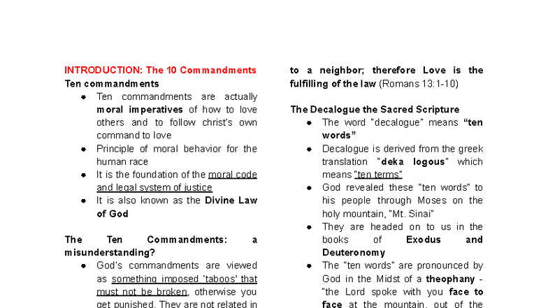 Understanding the Ten Commandments: RED 106 Lecture Notes - Studocu