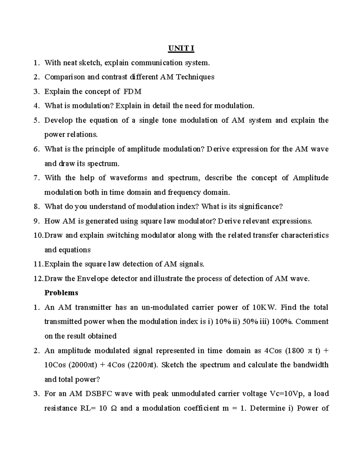 AC 1 - Analog Communication Unit 1 Important Questions - Studocu