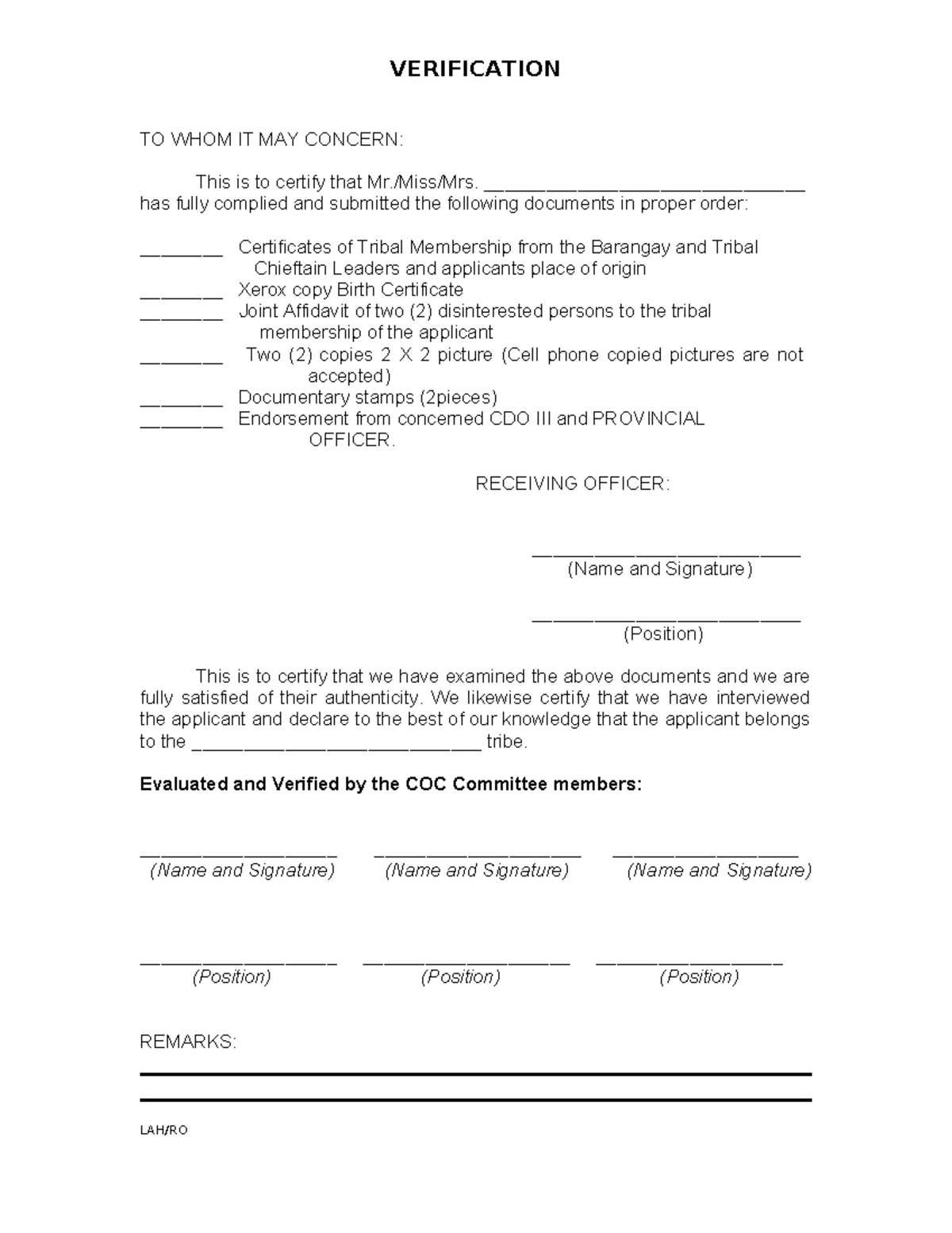 Coc-Forms: Certification of Tribal Membership Verification - Studocu