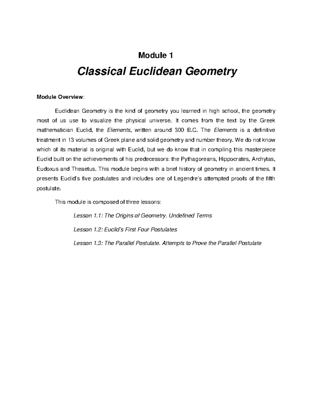 Modern Geometry MATH101: Classical Euclidean Geometry Overview - Studocu