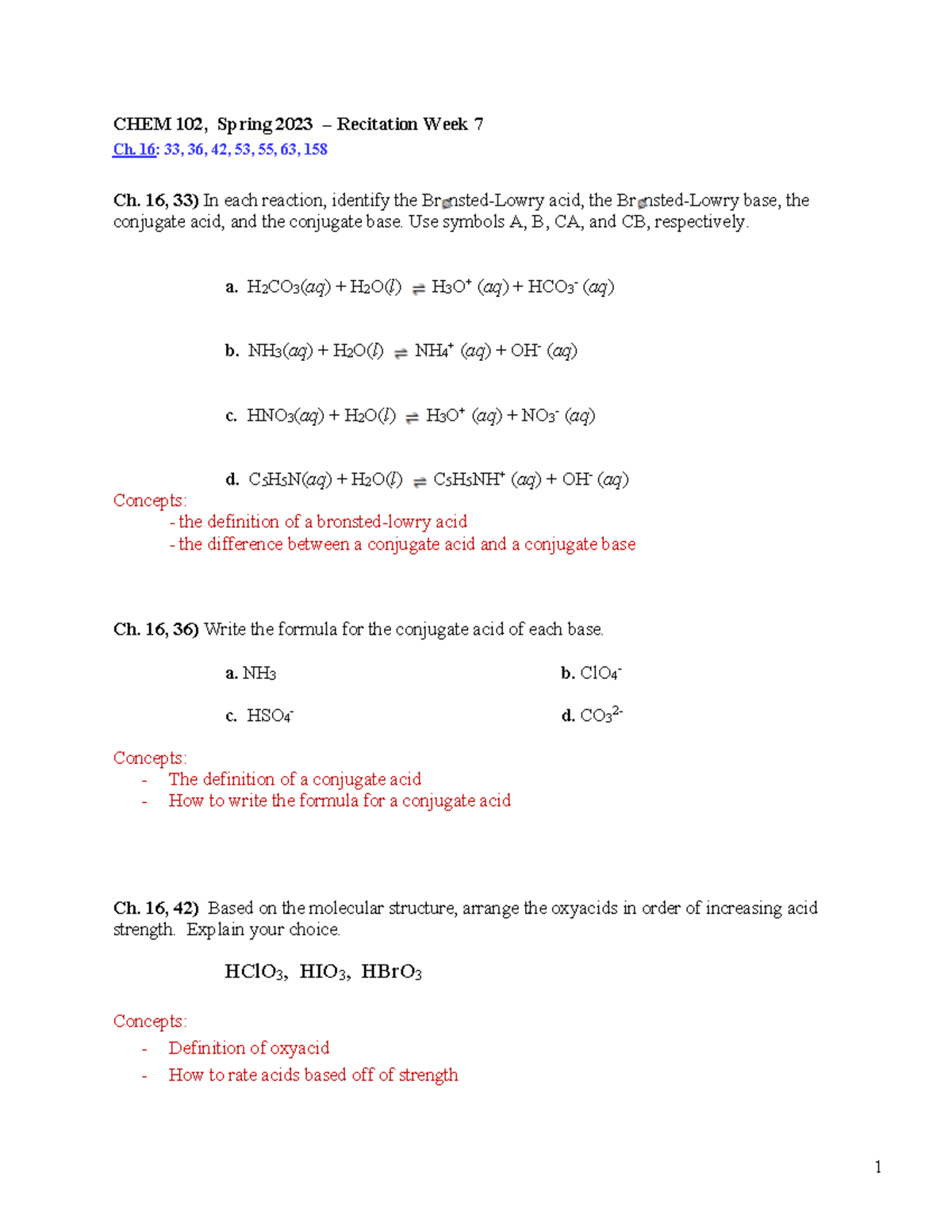 CHEM 102 Recitation Week 7: Acid-Base Concepts & Oxyacid Strength - Studocu