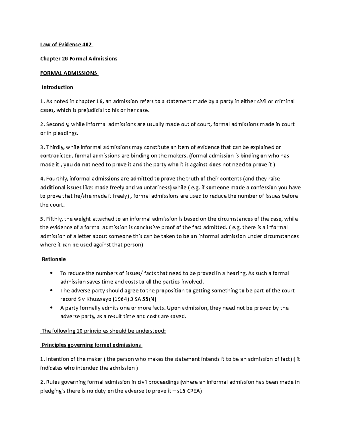Formal Admissions in Law of Evidence 402 - Exam Notes for Test 4 - Studocu