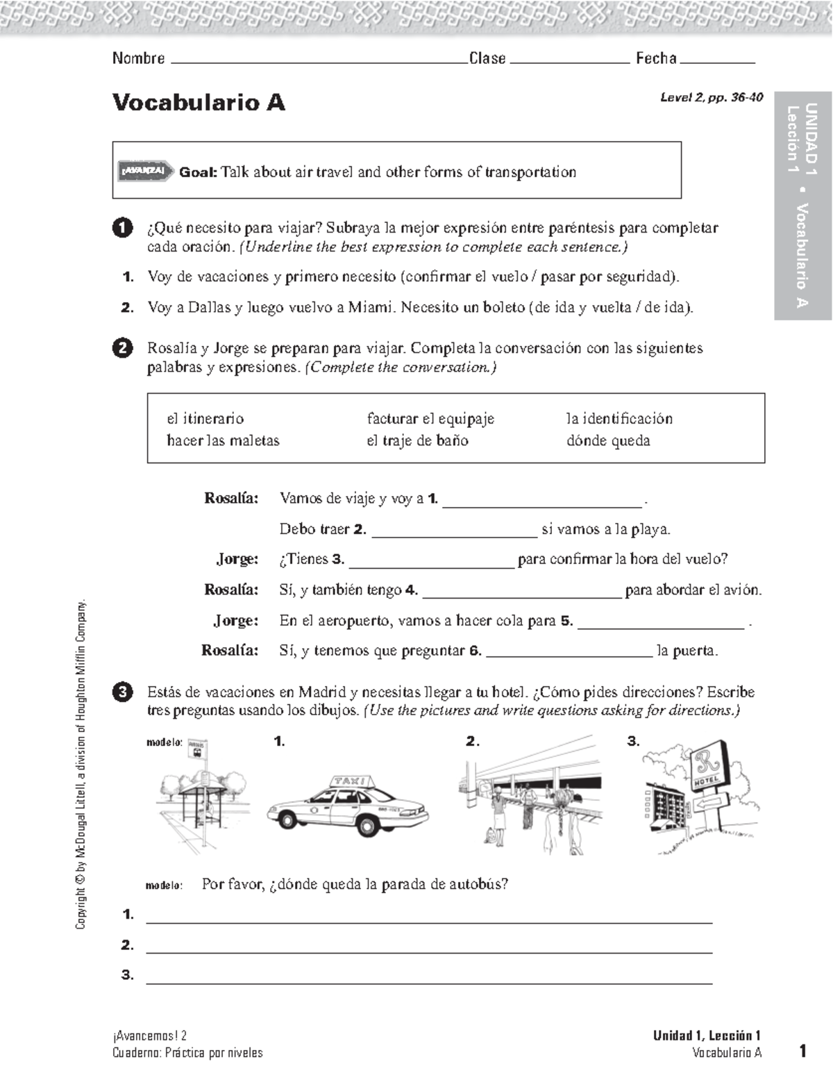 Avancemos 2 U1L1 wkbk 3 - Workbook pages - Vocabulario A Level 2, pp ...