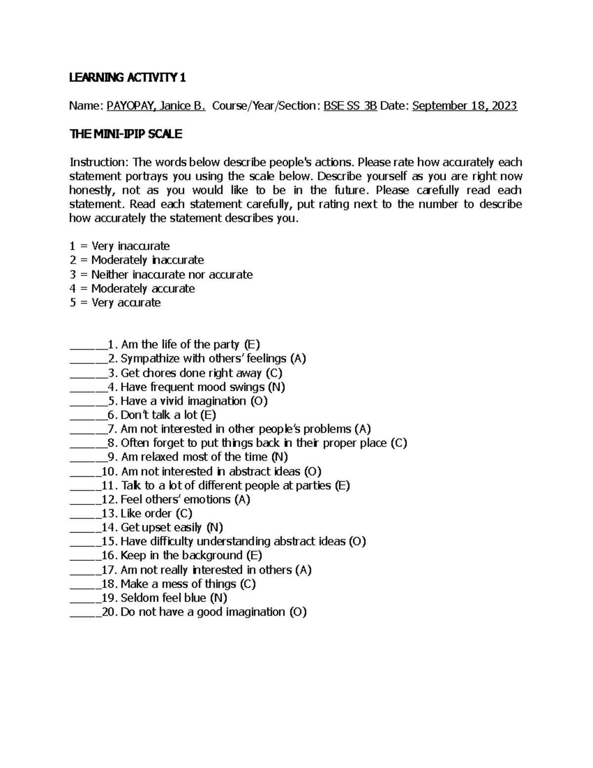 BSE SS 3B Mini-IPIP Scale and Personal Branding Activity - Studocu