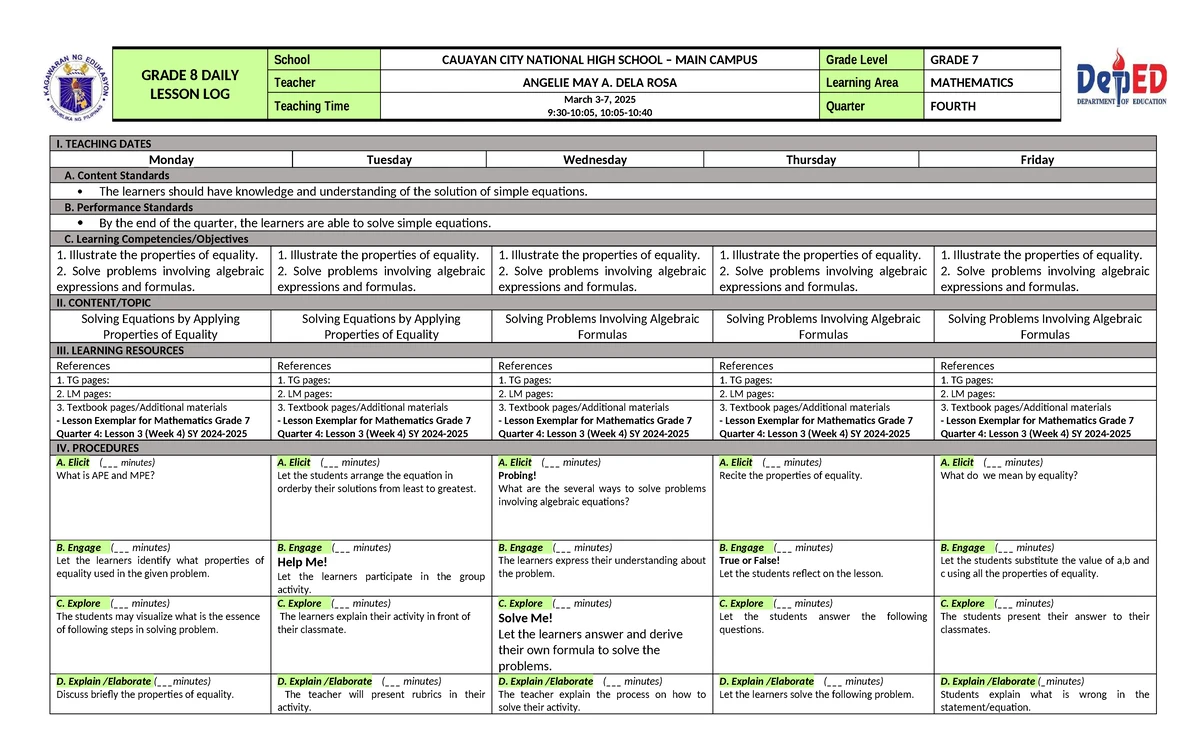DLL-MATH: Grade 7 Daily Lesson Log for Quarter 4 - Studocu