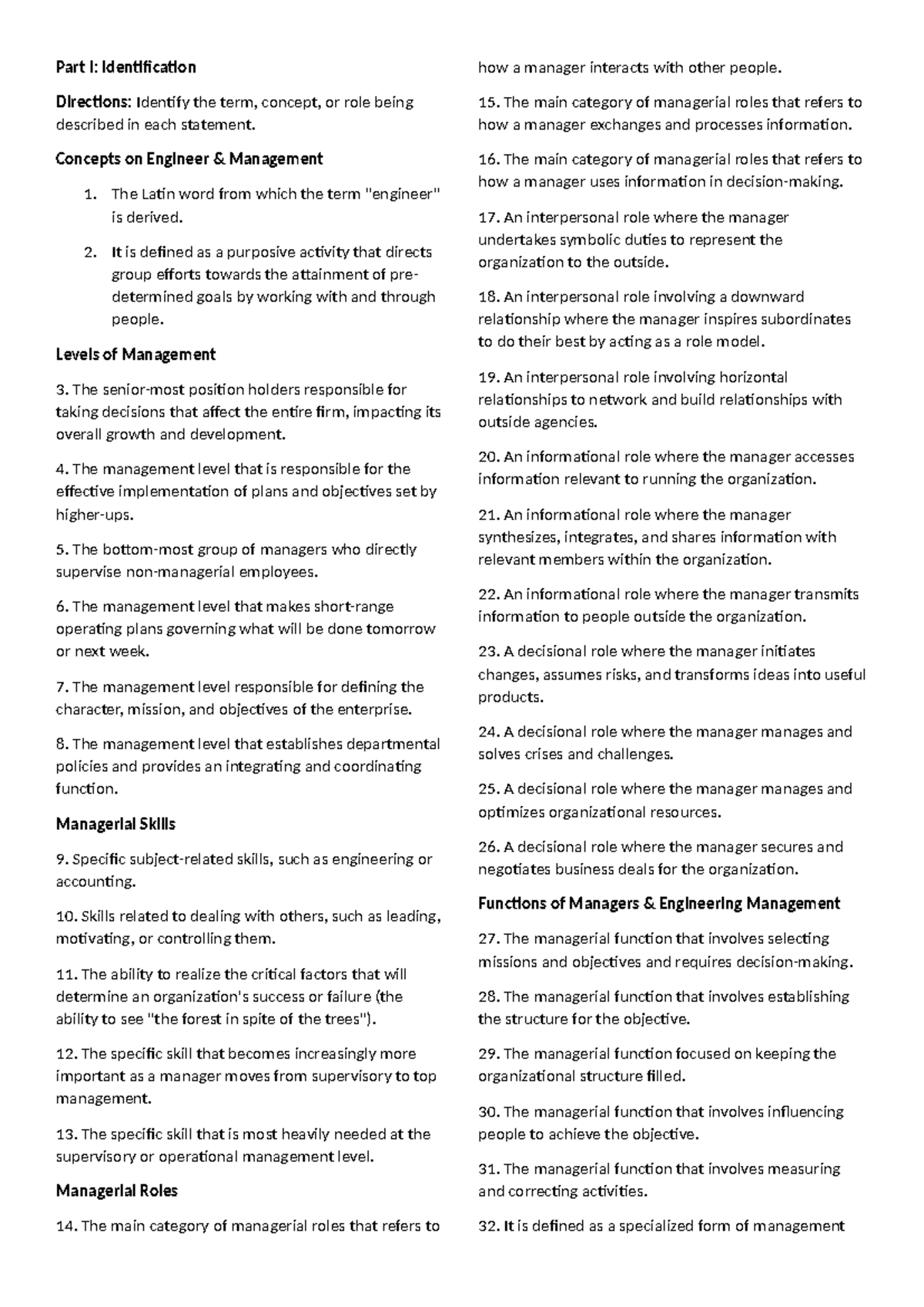Engineering Management Review: Managerial Roles and Functions - Studocu