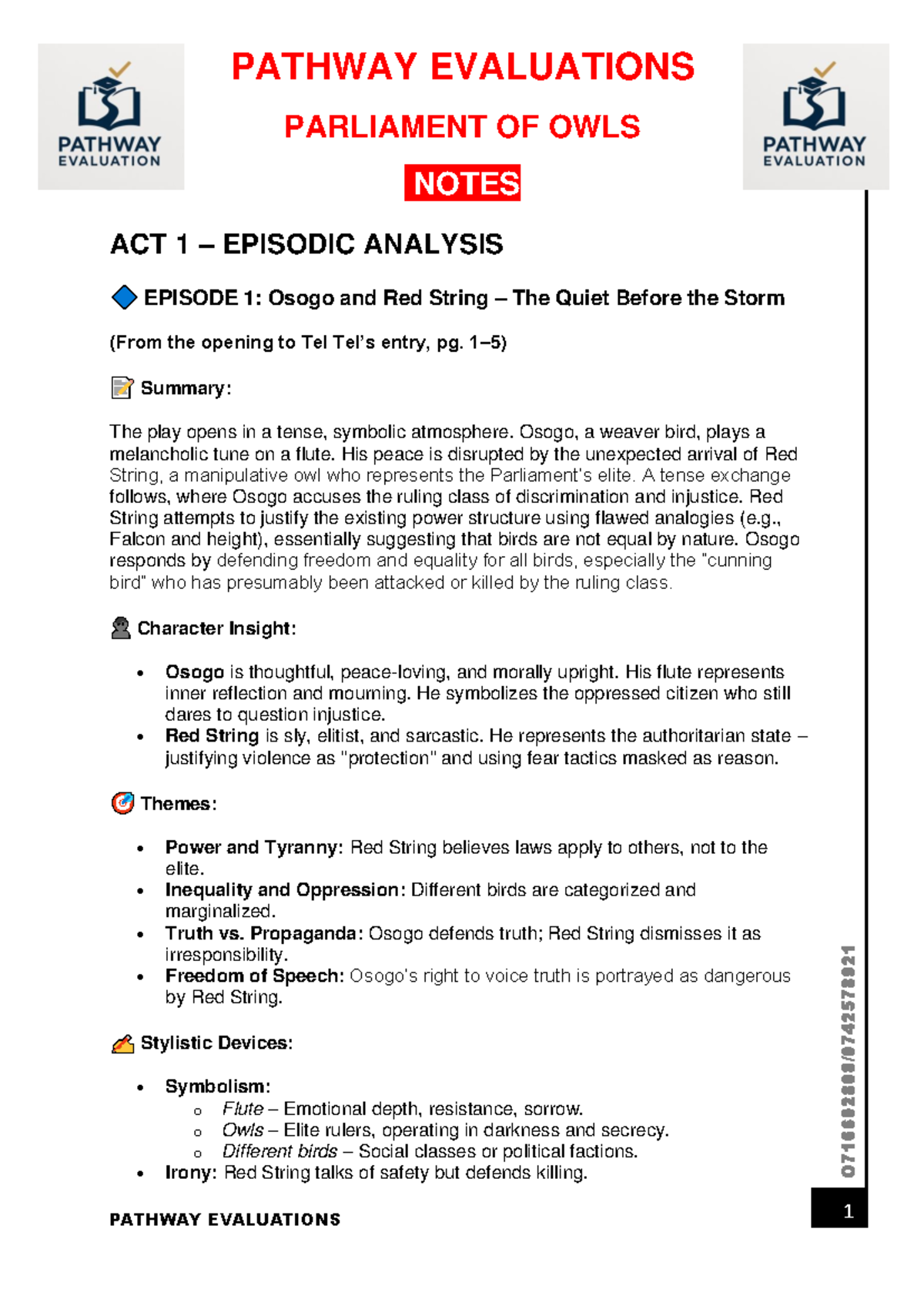 PATHWAY EVALUATIONS: PARLIAMENT OF OWLS ACT 1 EPISODIC ANALYSIS - Studocu