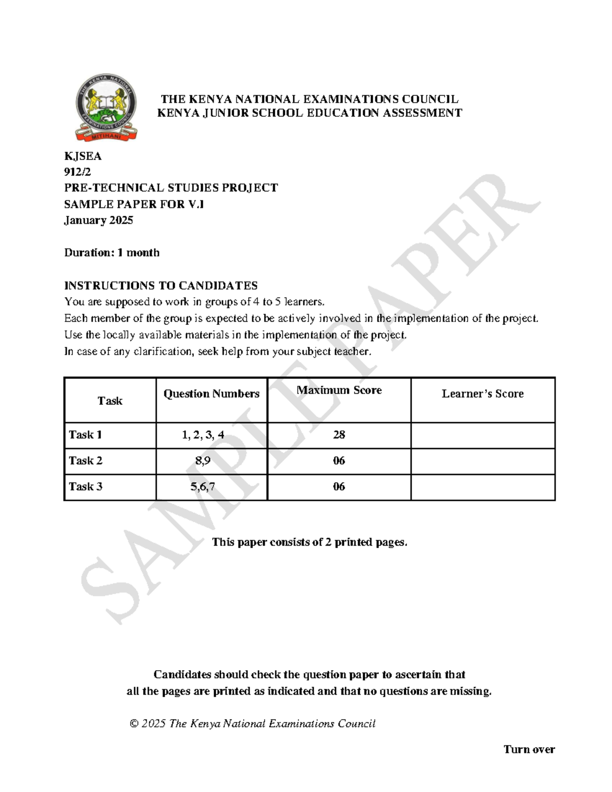 KJSEA Project Sample Paper V.I - January 2025 - Studocu