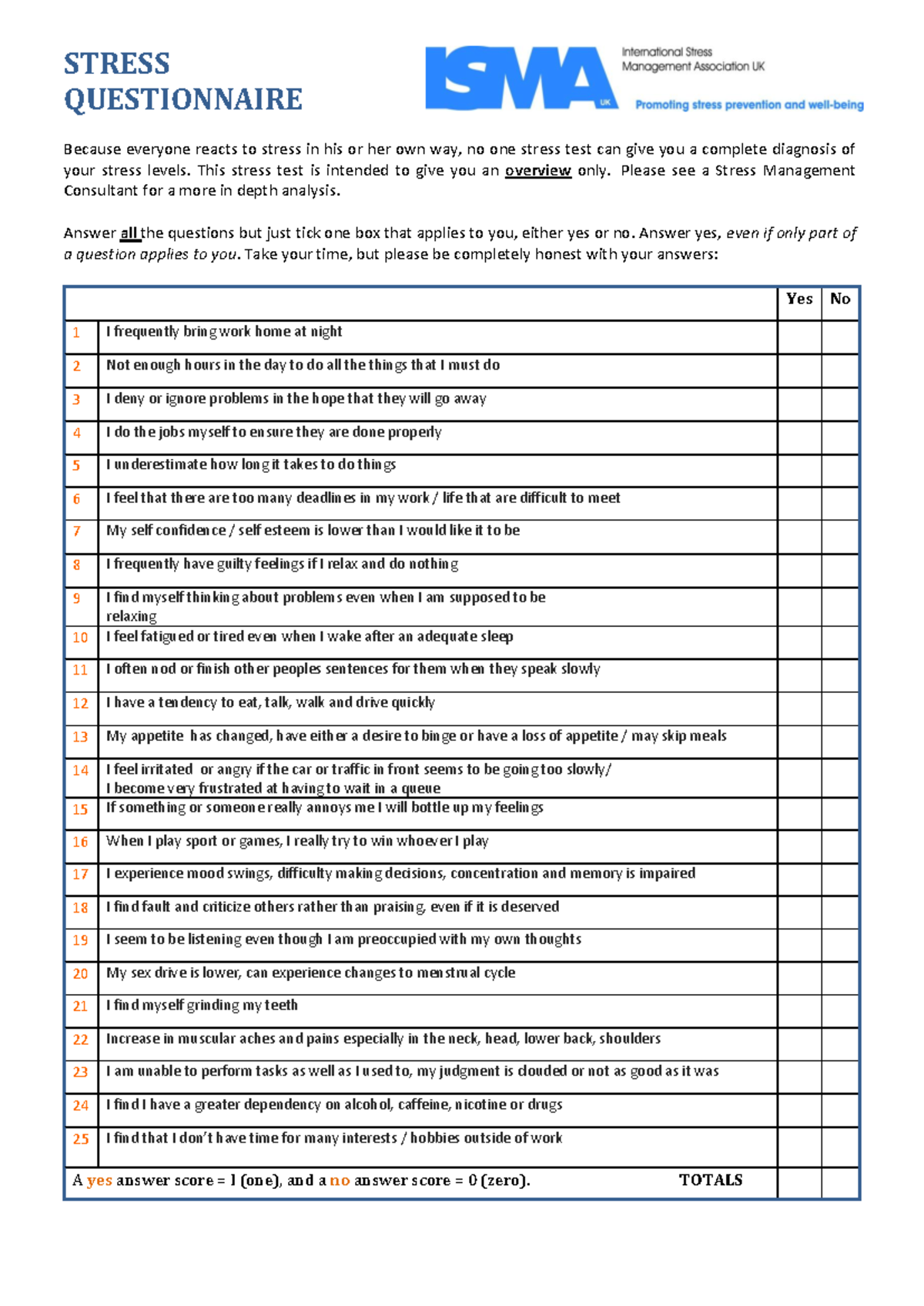 Stress-questionnaire - STRESS QUESTIONNAIRE Because everyone reacts to ...