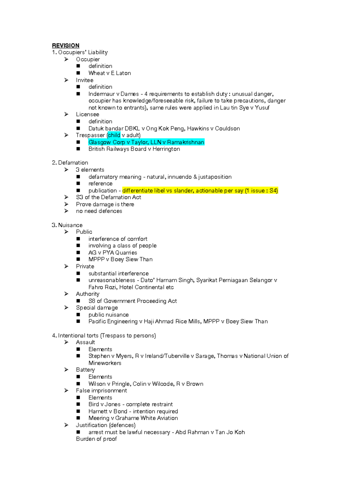 TORT 101: Summary of Key Topics in Malaysian Tort Law - Studocu