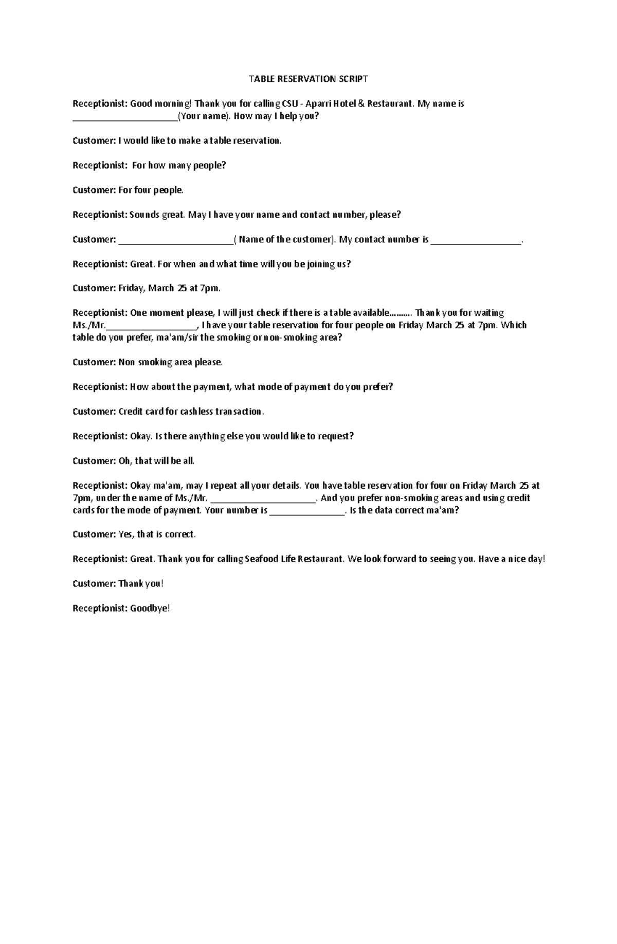 CSU Food & Beverage Services: Table Reservation & Room Service Scripts ...