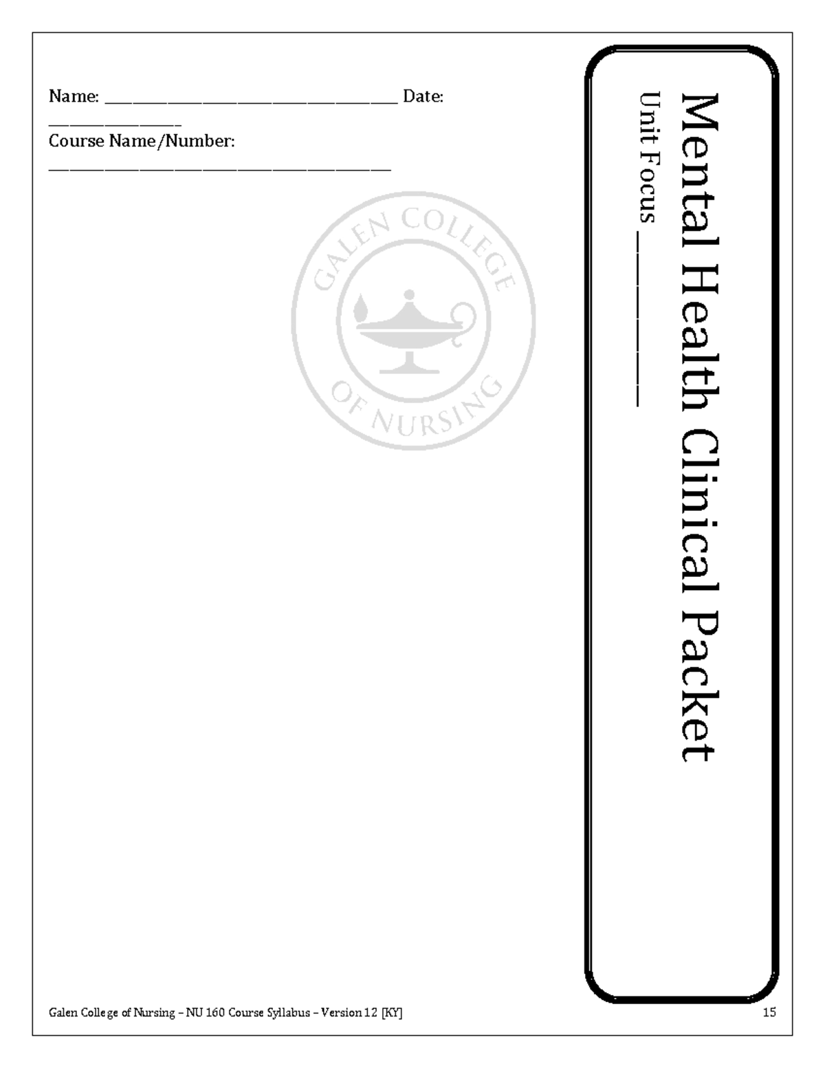 NU 160 Mental Health Clinical Packet - Course Syllabus Version 12 - Studocu