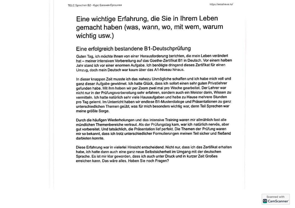 TELC Sprechen B2 Kypc: Erfahrungen und Erlebnisse im Leben - Studocu