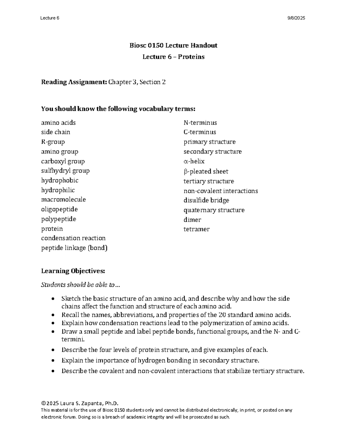 Biosc 0150 Lecture 6 Handout: Overview of Proteins and Structures - Studocu