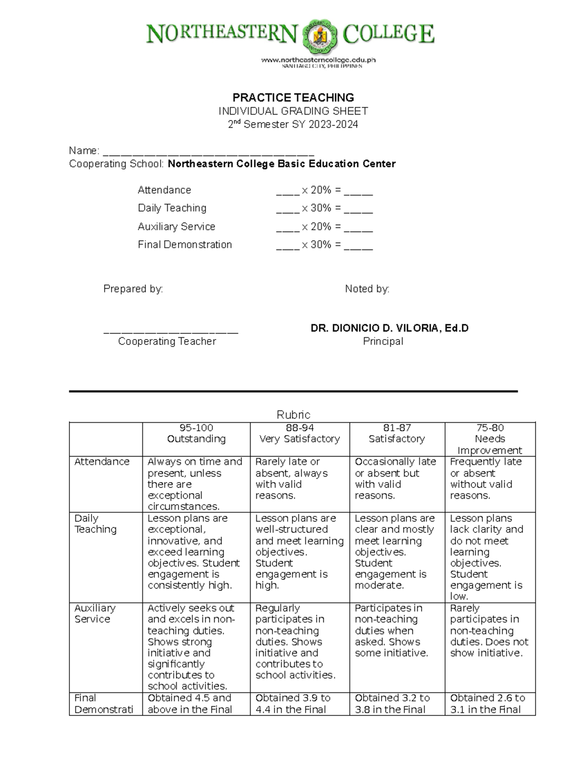 PT Individual Grading Sheet - PRACTICE TEACHING INDIVIDUAL GRADING ...