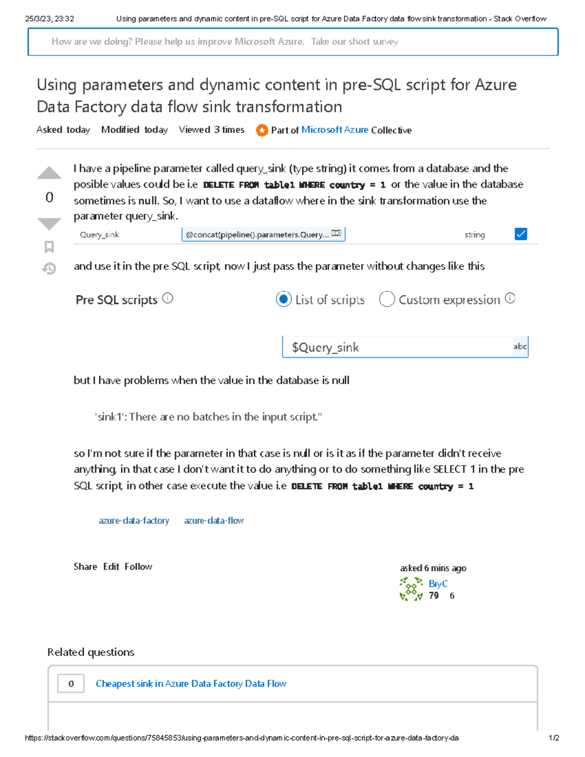 Using parameters and dynamic content in pre-SQL script for Azure Data ...