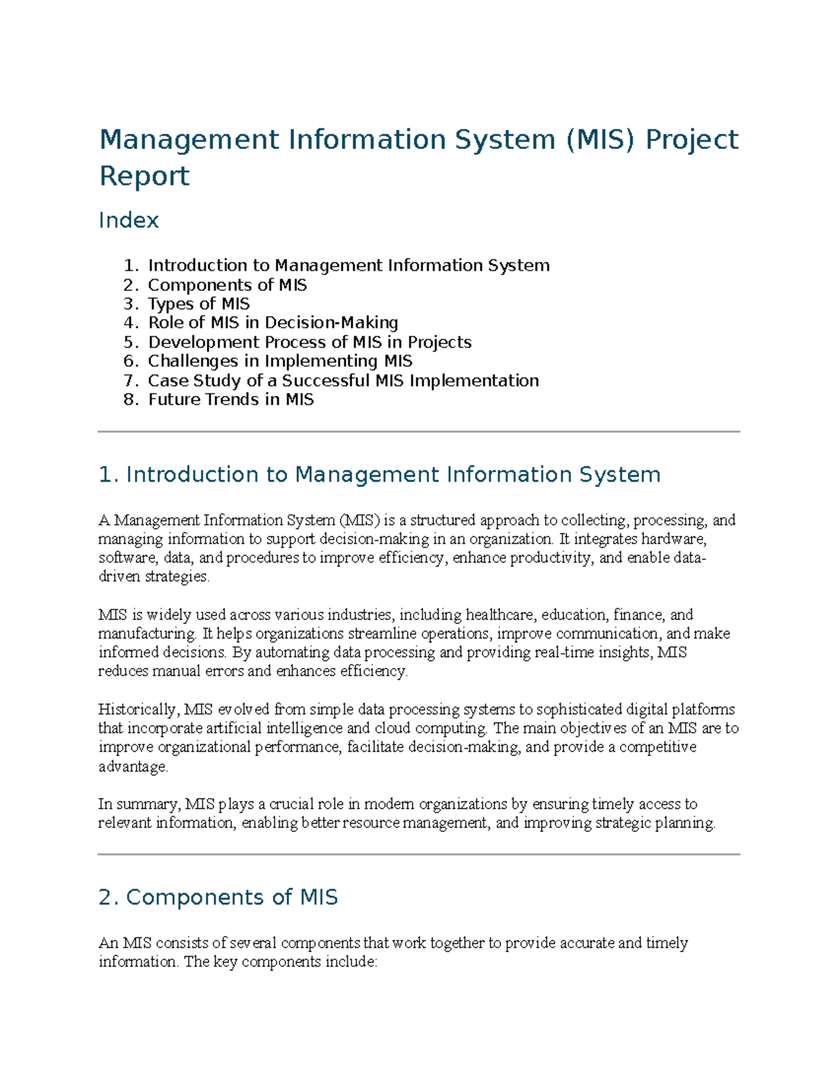 MIS 101: Comprehensive Project Report on Management Information Systems ...