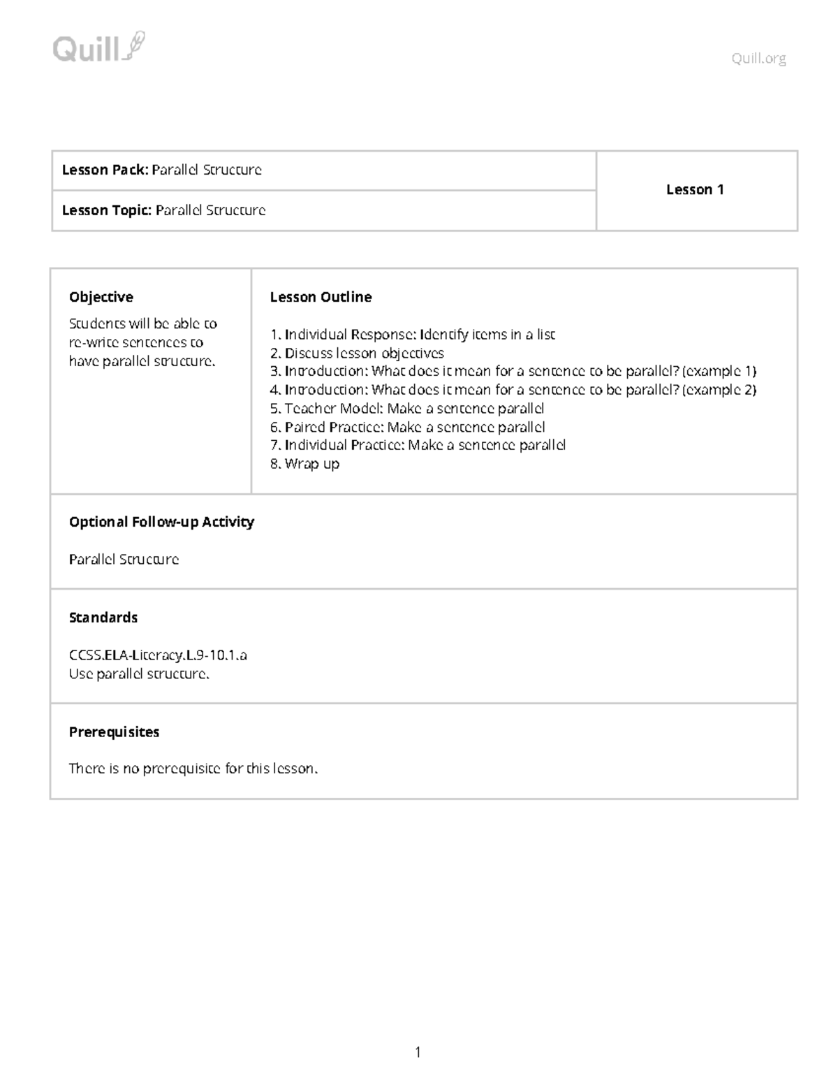 Lesson 1 parallel structure - Lesson Pack: Parallel Structure Lesson 1 ...