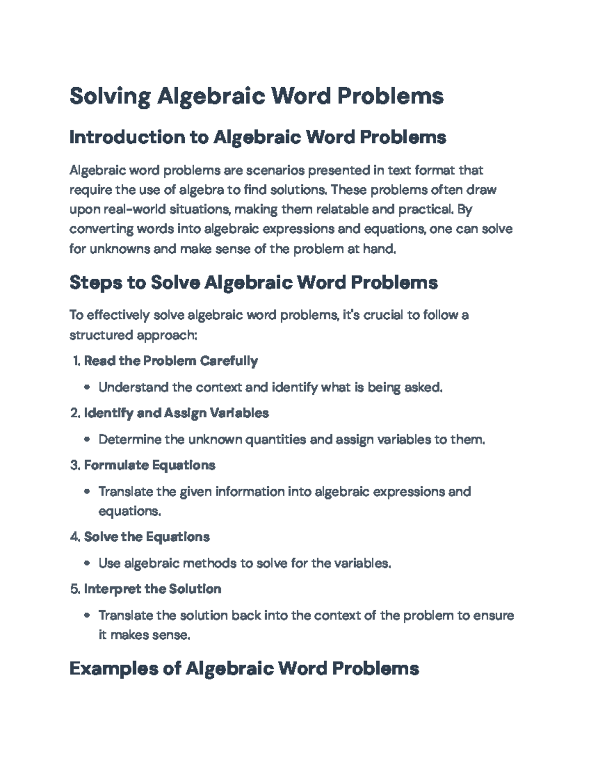 Algebraic Word Problems: Step-by-Step Solutions and Key Concepts ...