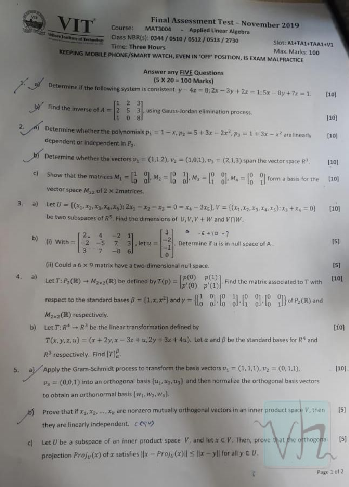 Final Assessment Test for MAT3004 Applied Linear Algebra - Nov 2019 ...