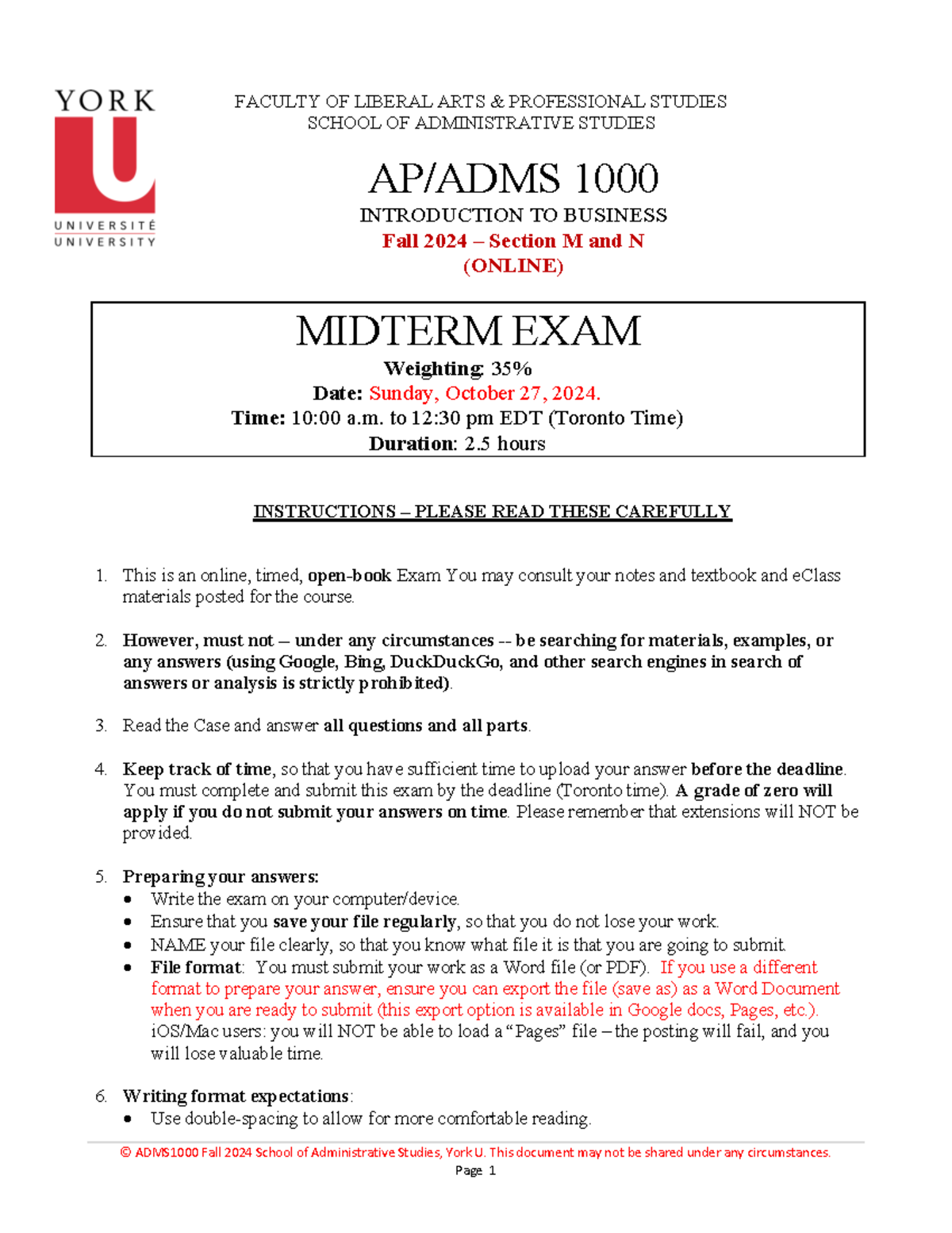 ADMS1000 Midterm Exam Instructions & Case Study Analysis Fall 2024 - Studocu