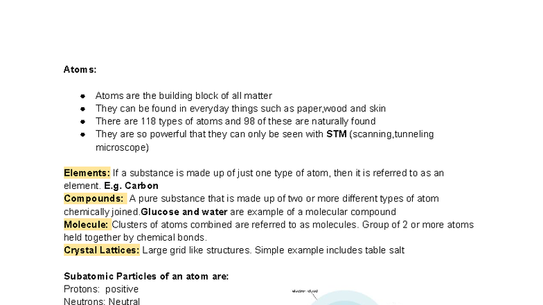 Chemistry 101: Comprehensive Notes on Atoms and Elements - Studocu