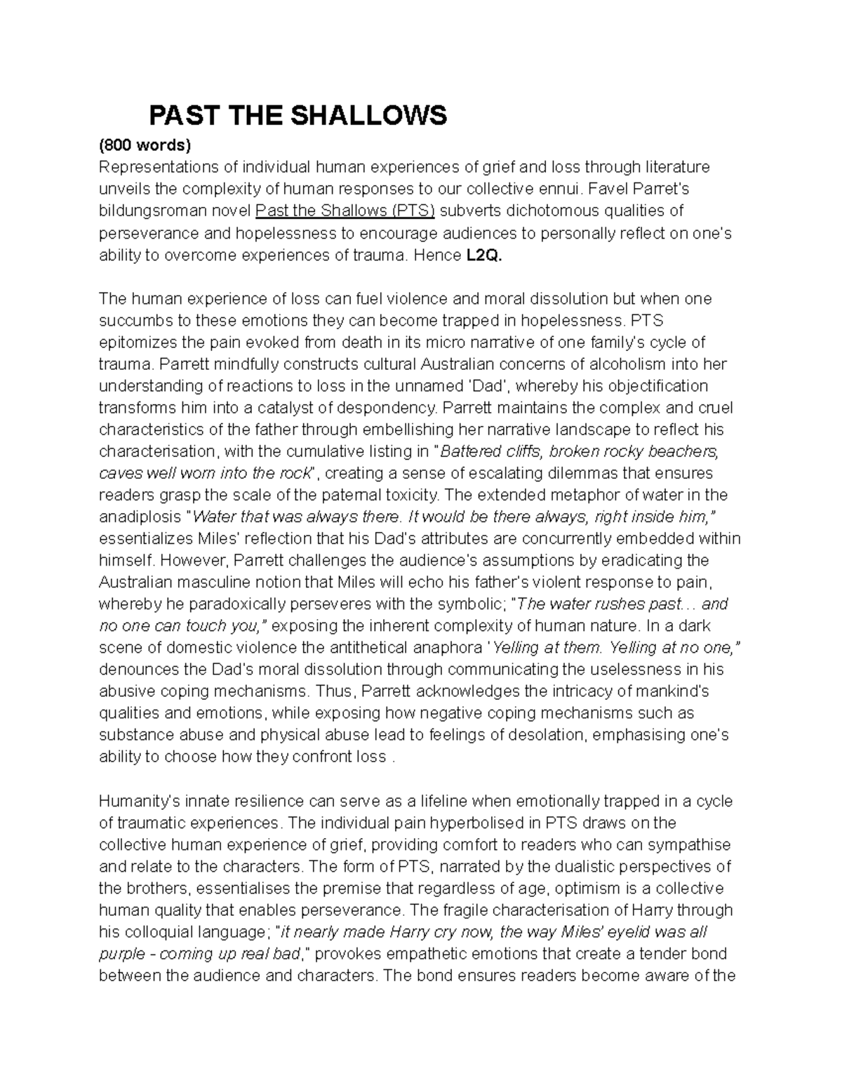 Essay Analysis of "Past the Shallows" (Common Mod) by Elise - Studocu