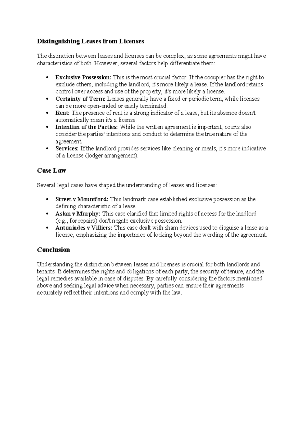 Lease vs. License: Key Distinctions in Land Law Explained - Studocu