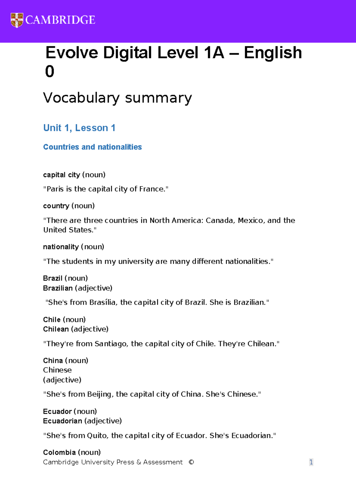 Unit 1 - E0 - Vocabulary Summary: Countries, Nationalities & More - Studocu