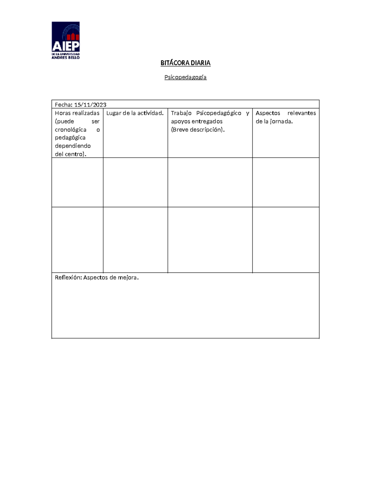 Modelo Bitácora - Bitacora diaria de practica I - Practica inicial ...