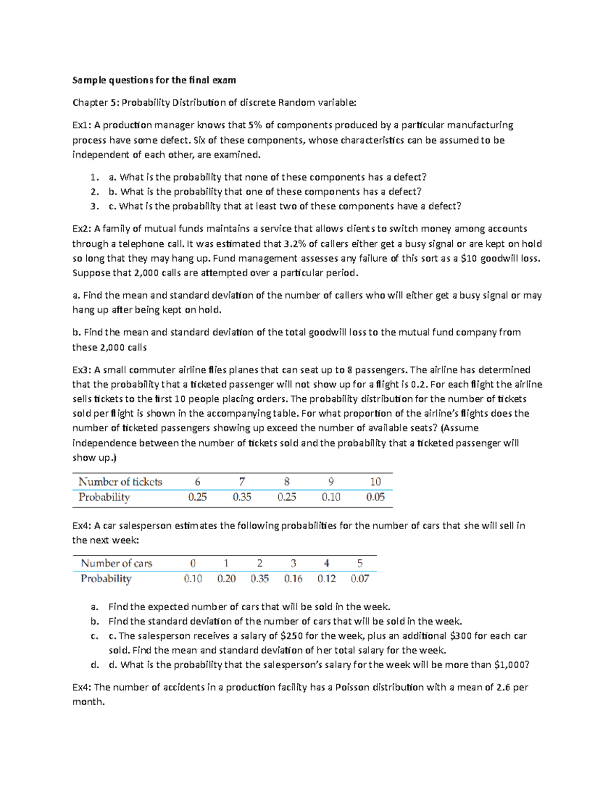 Example for final exam - Sample questions for the final exam Chapter 5 ...