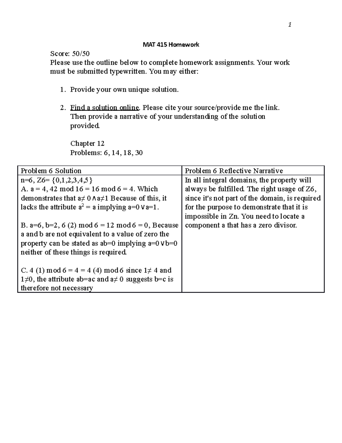 MAT 415 Homework Module four - MAT 415 Homework Score: 50/ Please use ...