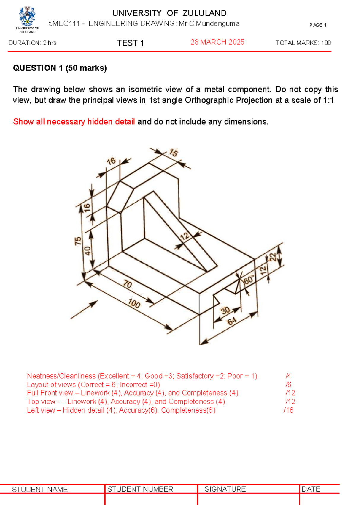 ENGR 101: Engineering Drawing Test 1 - Isometric & Orthographic Views ...