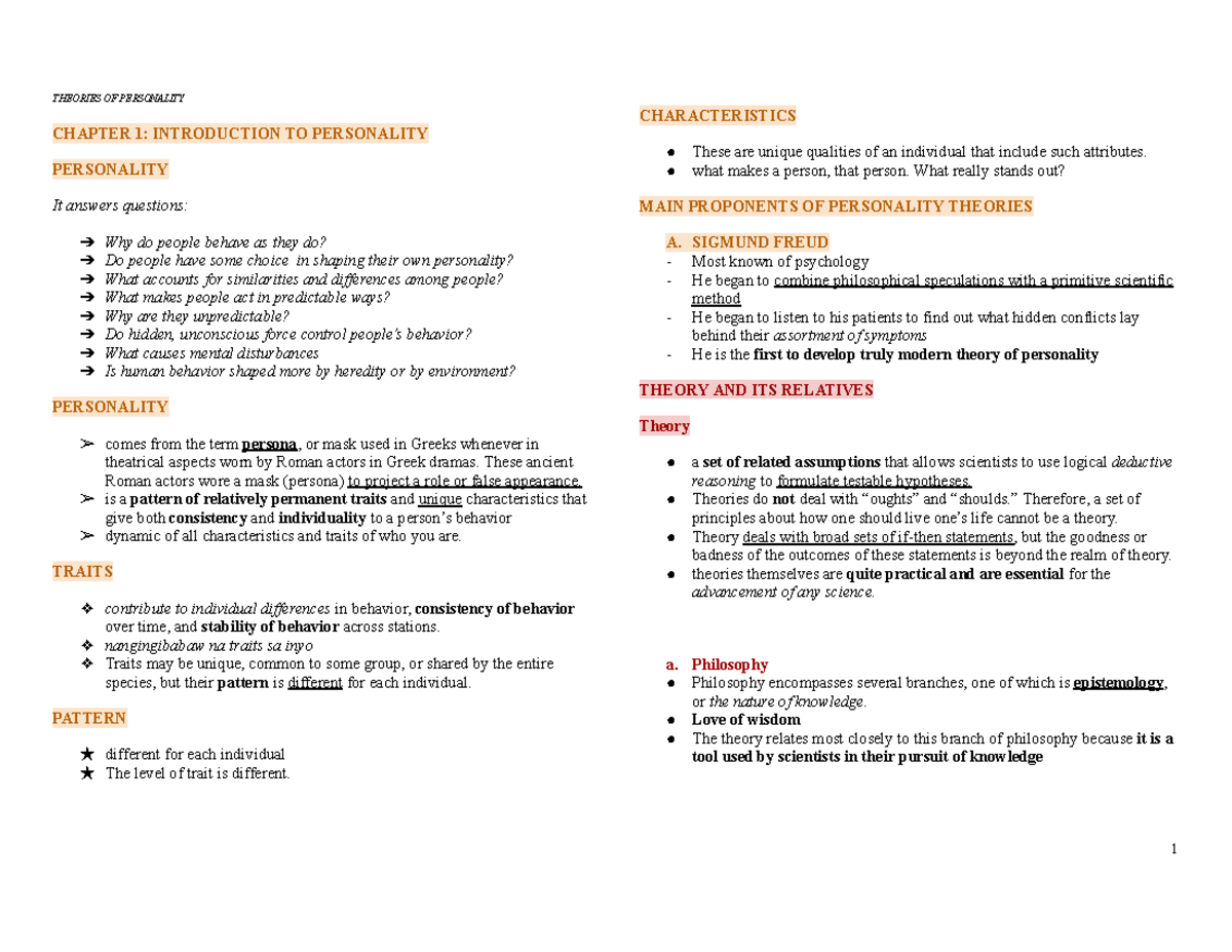 THEORIES OF PERSONALITY CHAPTER 1: INTRODUCTION TO PERSONALITY - Studocu