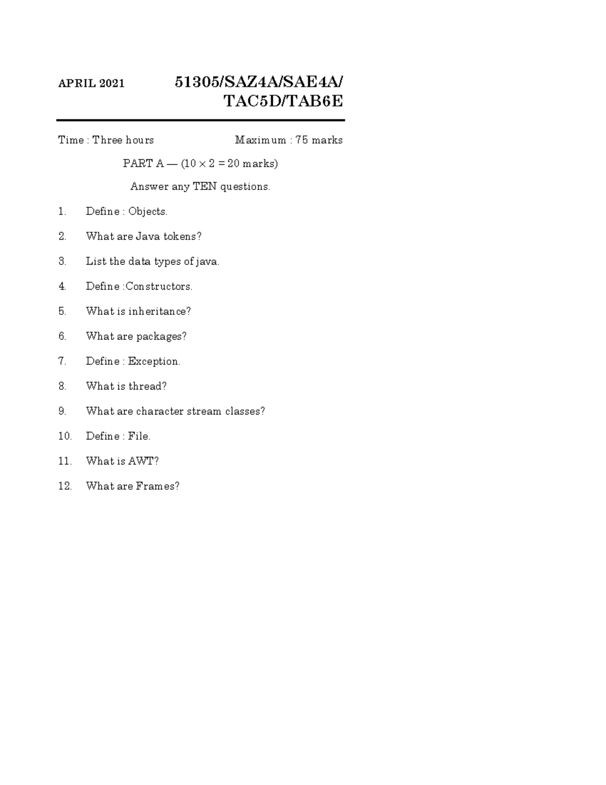 51305 SAZ4A JAVA - April 2021 University Question Paper - Studocu