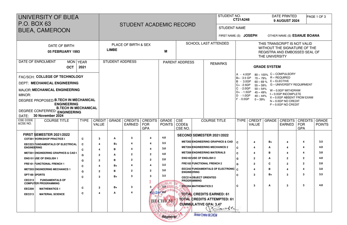 University of Buea Transcript for Student Joseph Esanje - Studocu